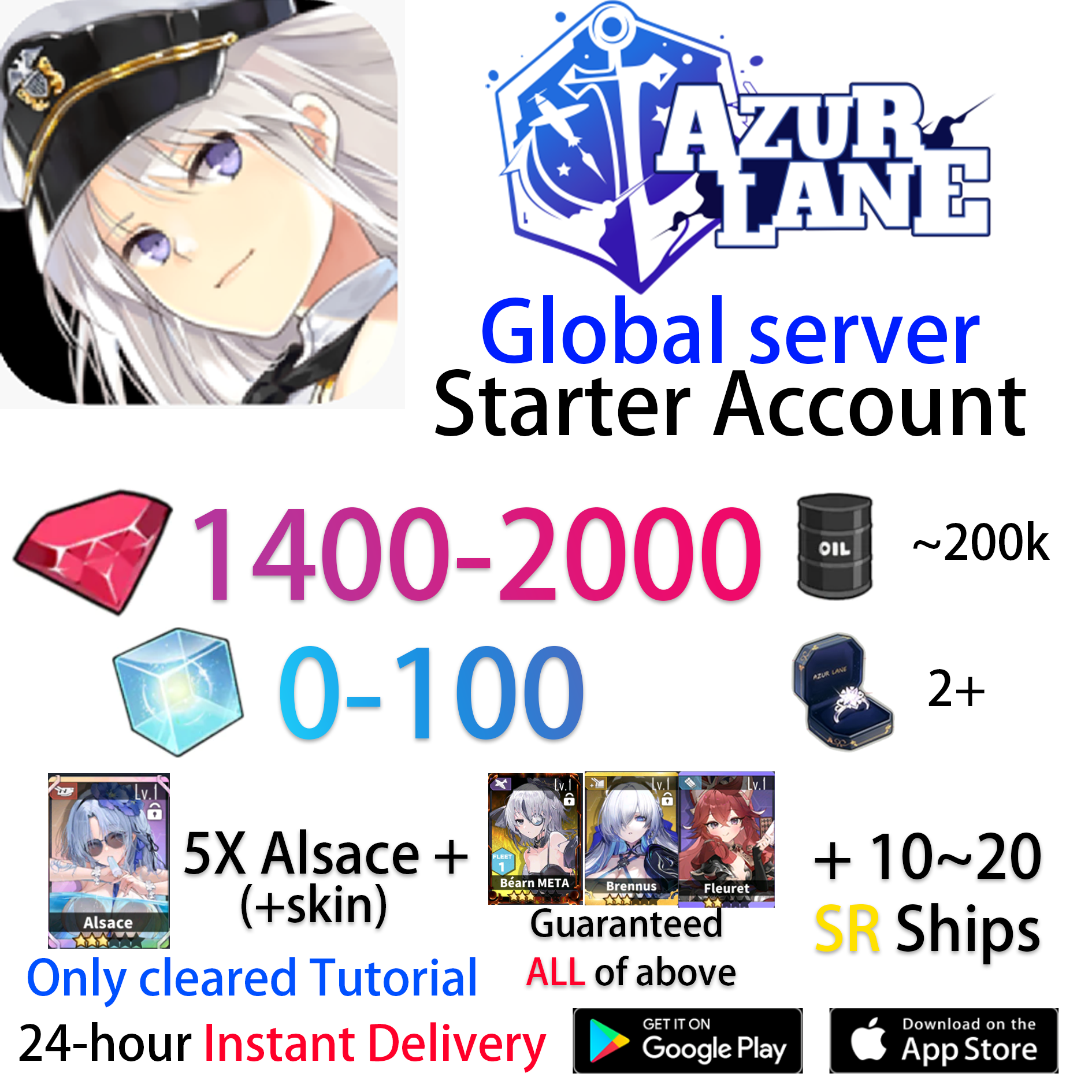 [EN][INSTANT] MLB UR Alsace(+skin) + 10~20SR + 1400-2000 Gems Azur Lan ...